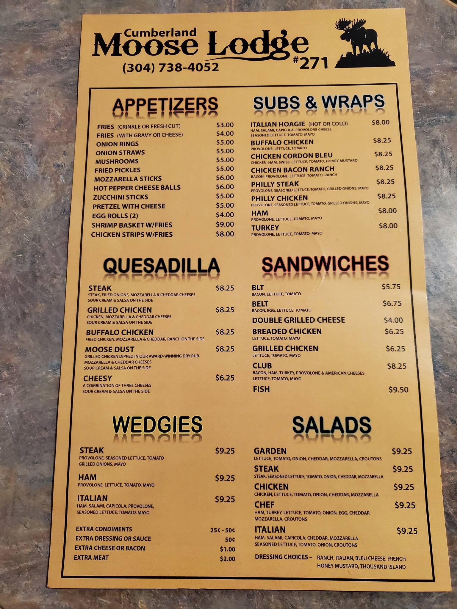 Menu at Moose Lodge 271 pizzeria, Wiley Ford
