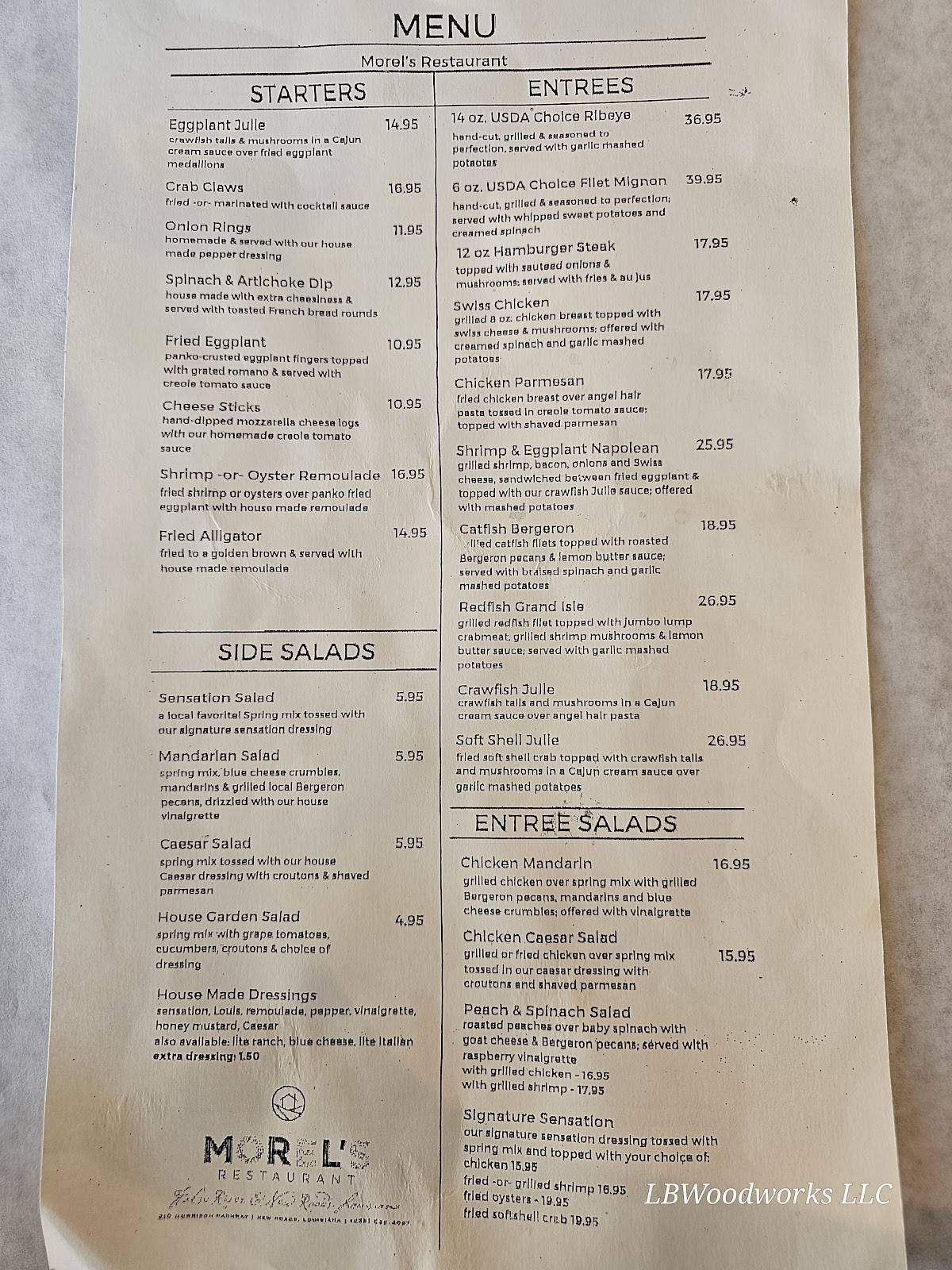 Menu at Morel's Restaurant, New Roads, 210 Morrison Pkwy