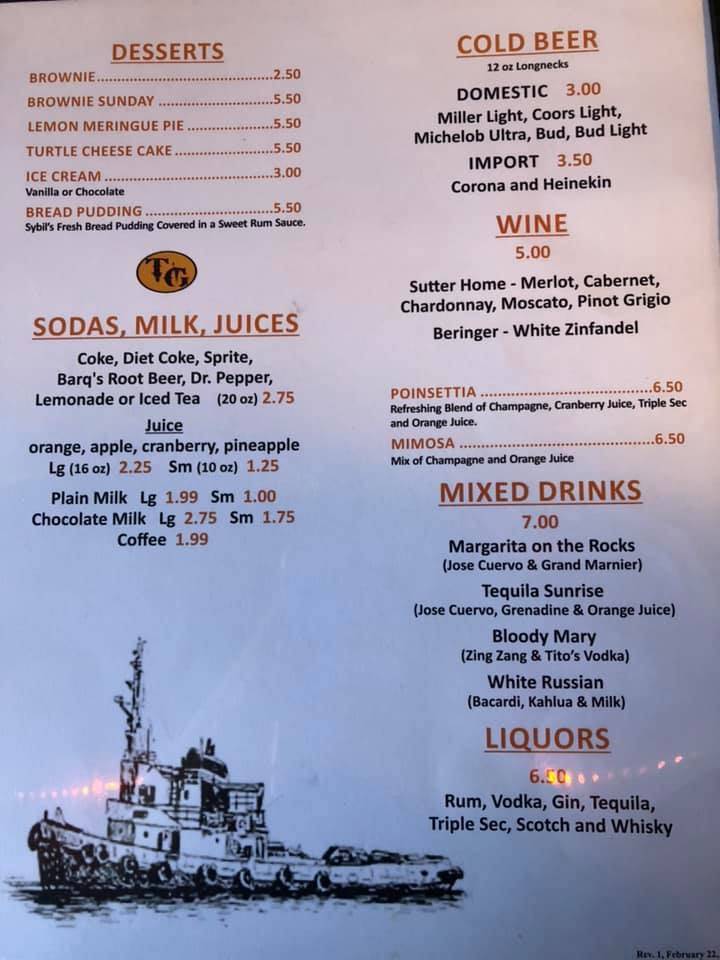 Menu at The Galley restaurant, Morgan City