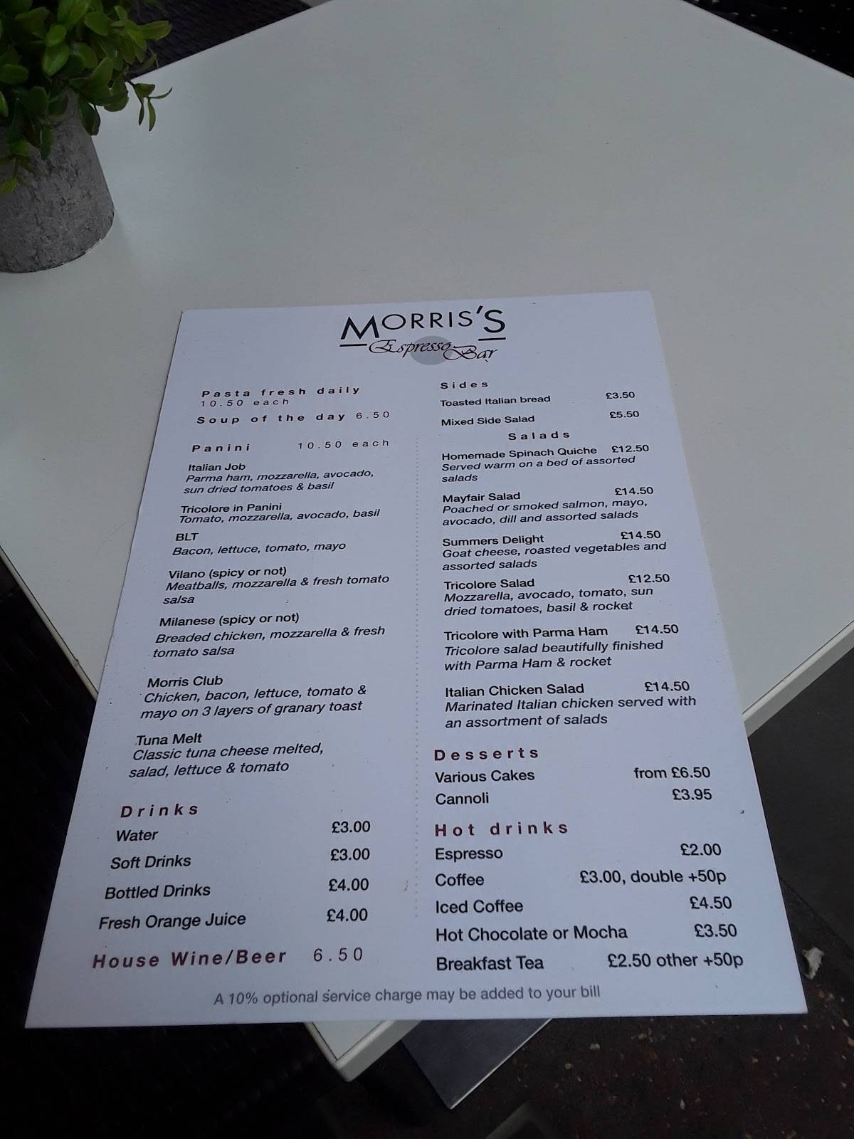 Menu at Morris’s Cafe, London