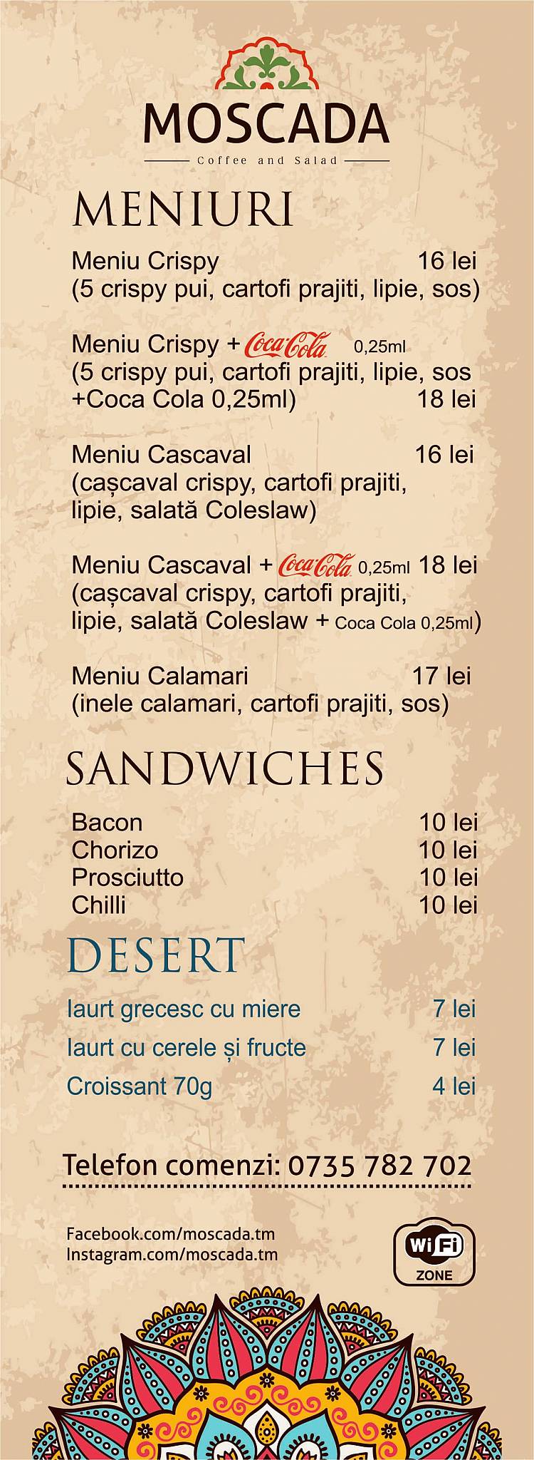 Menu at Moscada, Timișoara