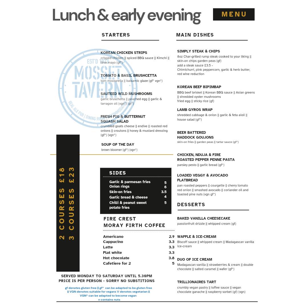 Menu at Mosset Tavern pub & bar, Forres