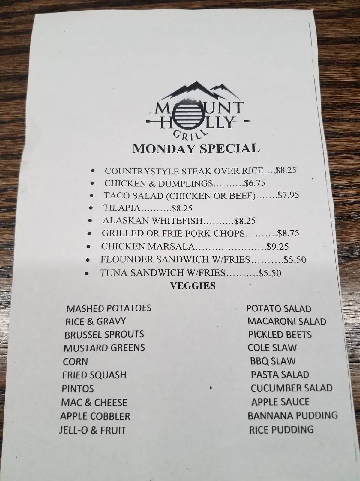 Menu at Mount Holly Grill restaurant, Mount Holly