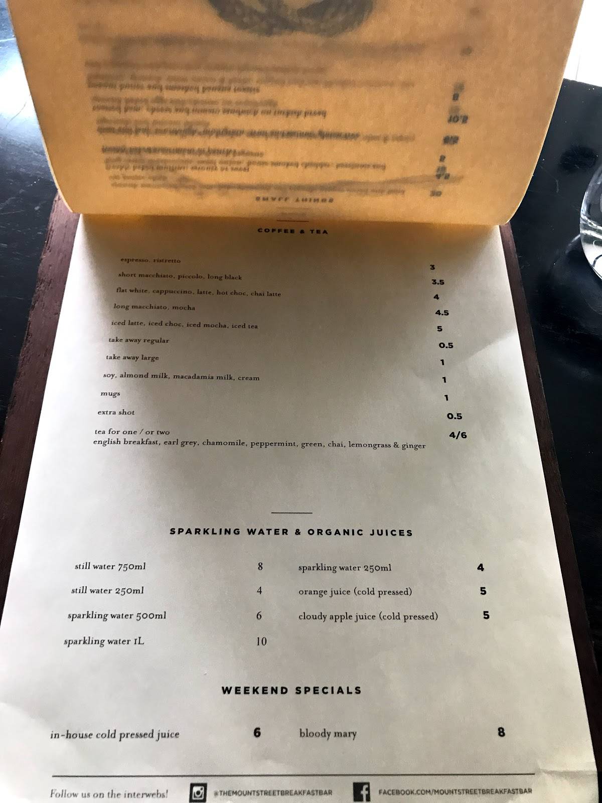 Menu at Mount Street Breakfast Bar, West Perth