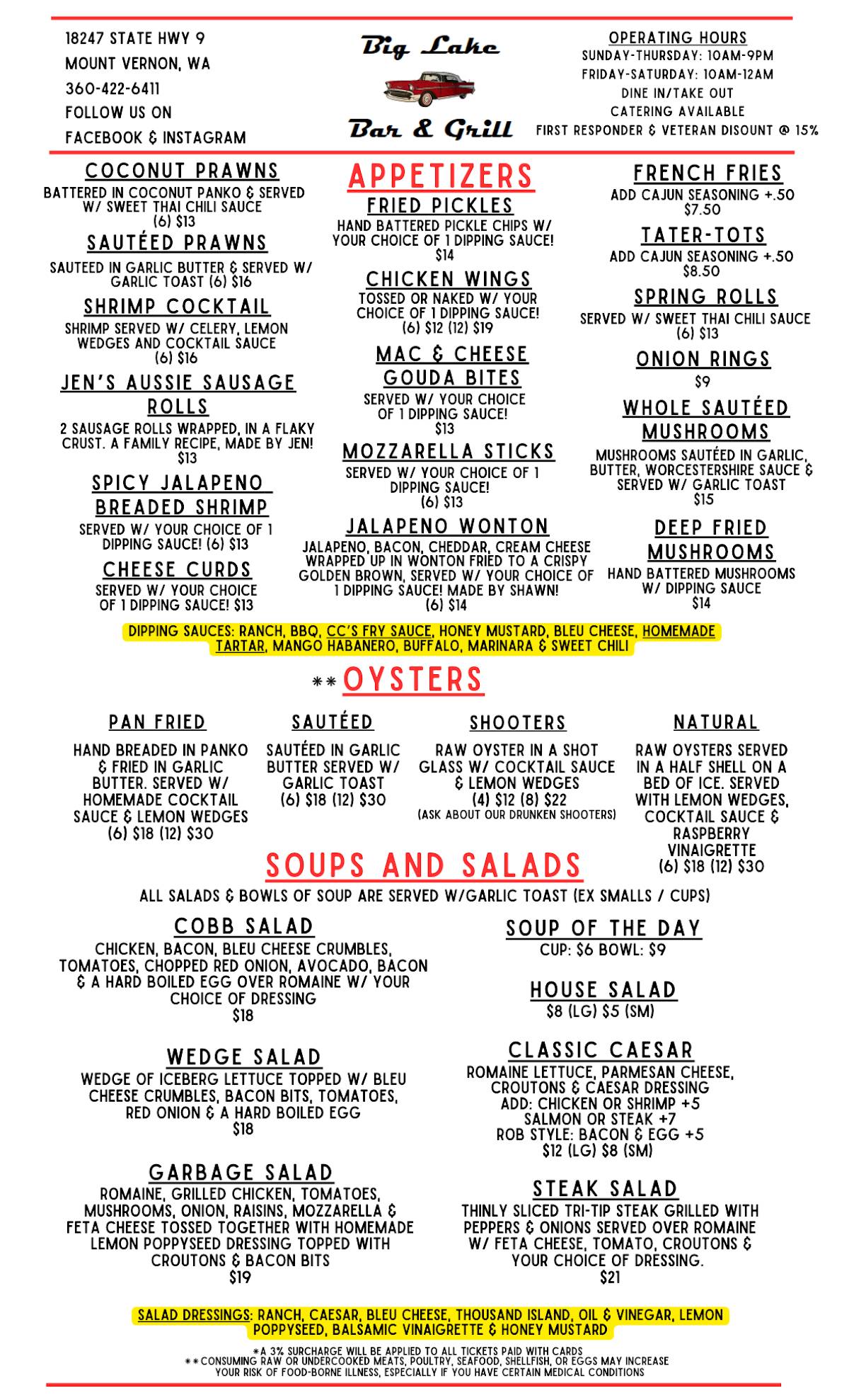 Menu at Big Lake Bar & Grill, Mount Vernon