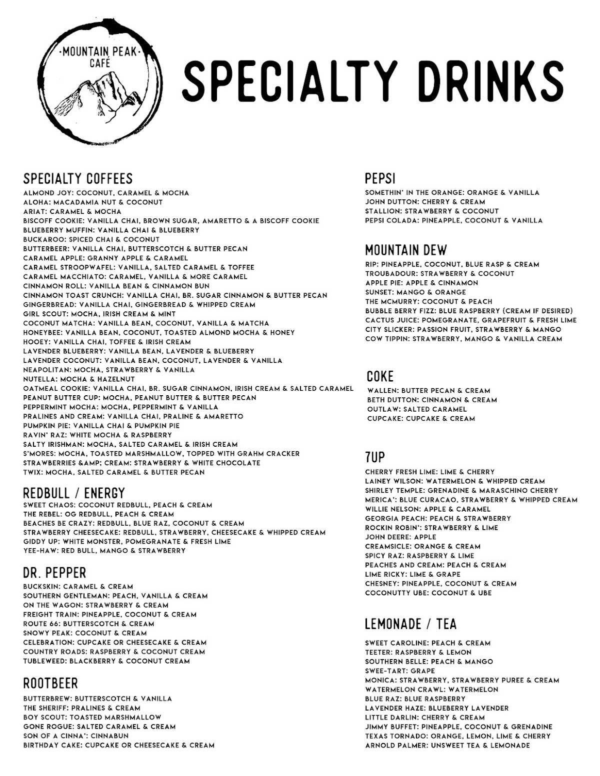 Menu at Mountain Peak Cafe, Gunnison