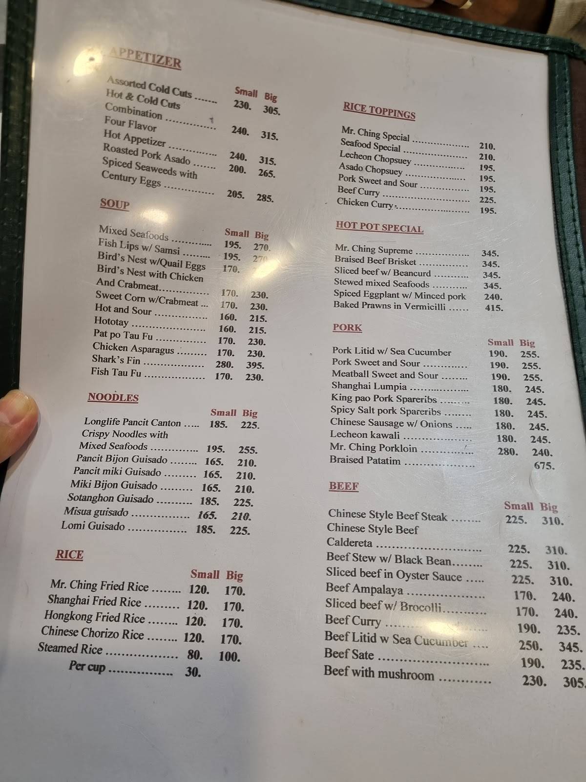 Menu at Mr. Ching Cuisine restaurant, Baguio