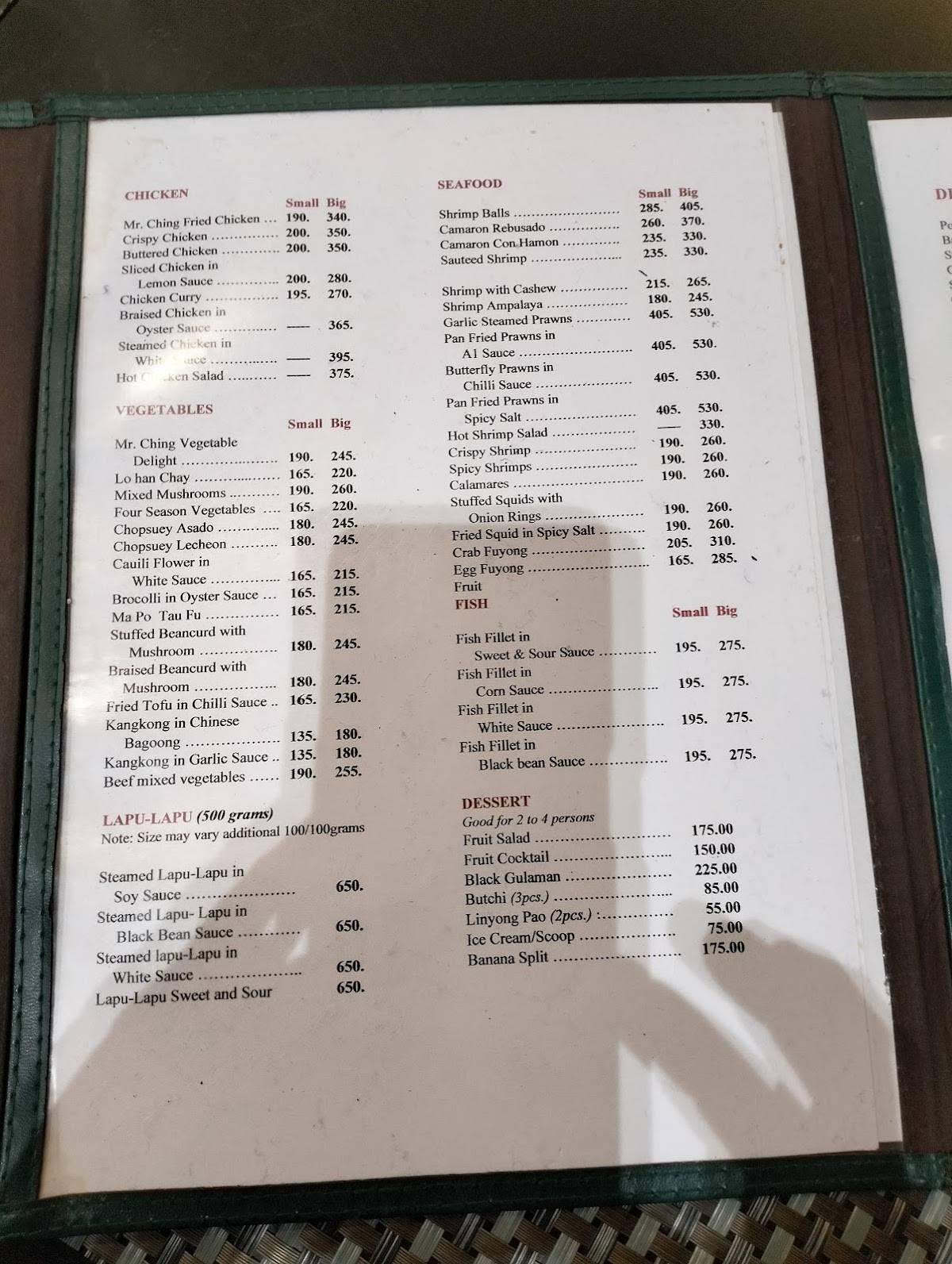 Menu at Mr. Ching Cuisine restaurant, Baguio
