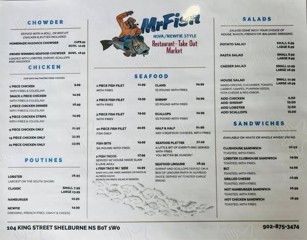 Menu at Mr Fish restaurant, Shelburne