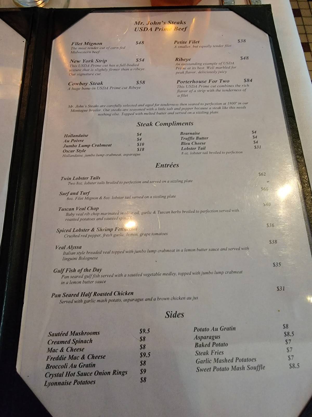 Menu at Mr. John's Steakhouse, New Orleans