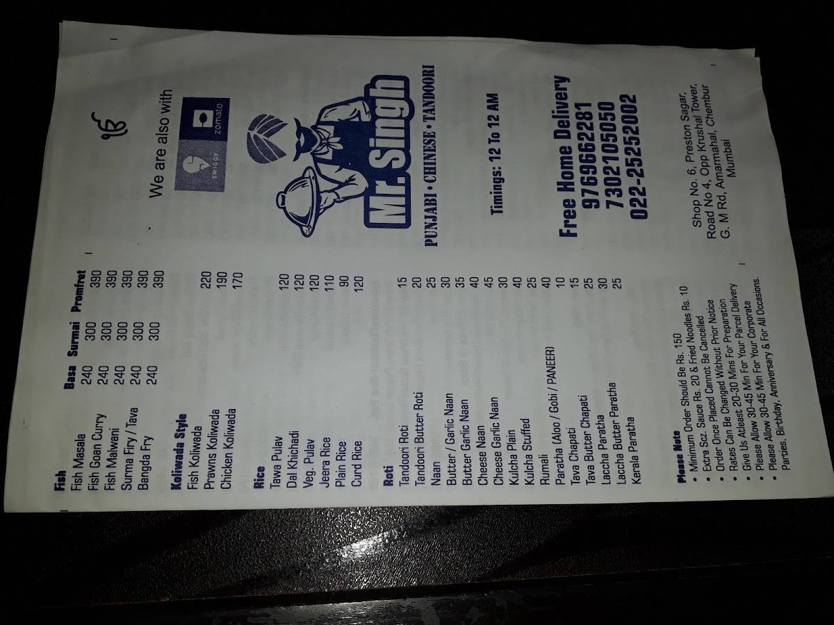 Menu at Mr. Singh ( Punjabi, Chinese, Tandoori), Mumbai, Amar Mahal Building