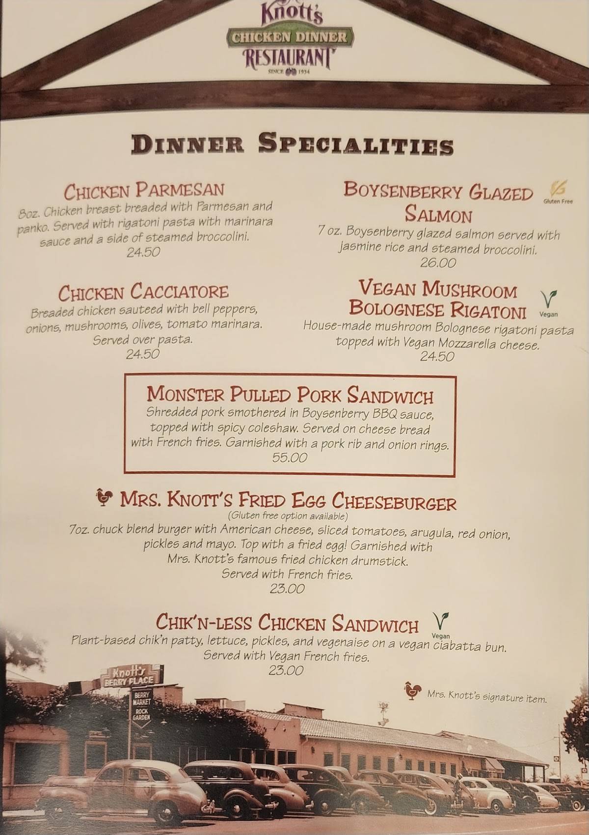 Menu at Mrs. Knott's Chicken Dinner Restaurant, Buena Park