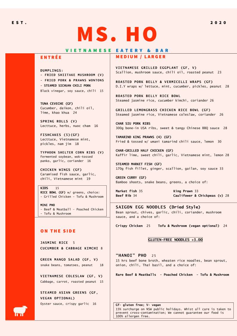 Menu at Ms. Ho Vietnamese Eatery & Bar, Suffolk Park