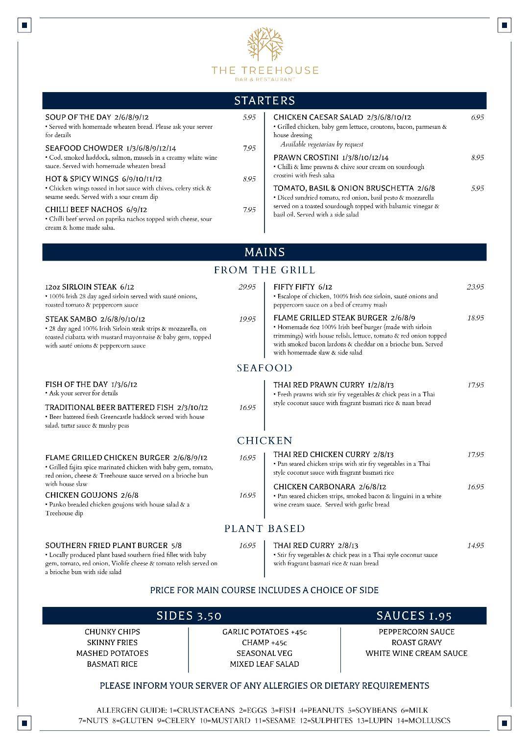 Menu at The Treehouse Restaurant, Muff