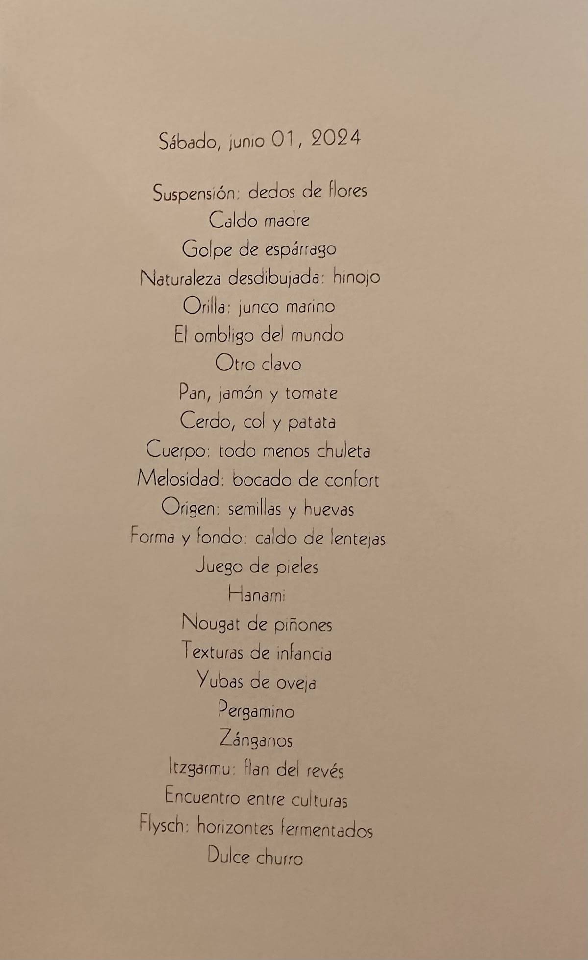 Menu at Mugaritz restaurant, Spain