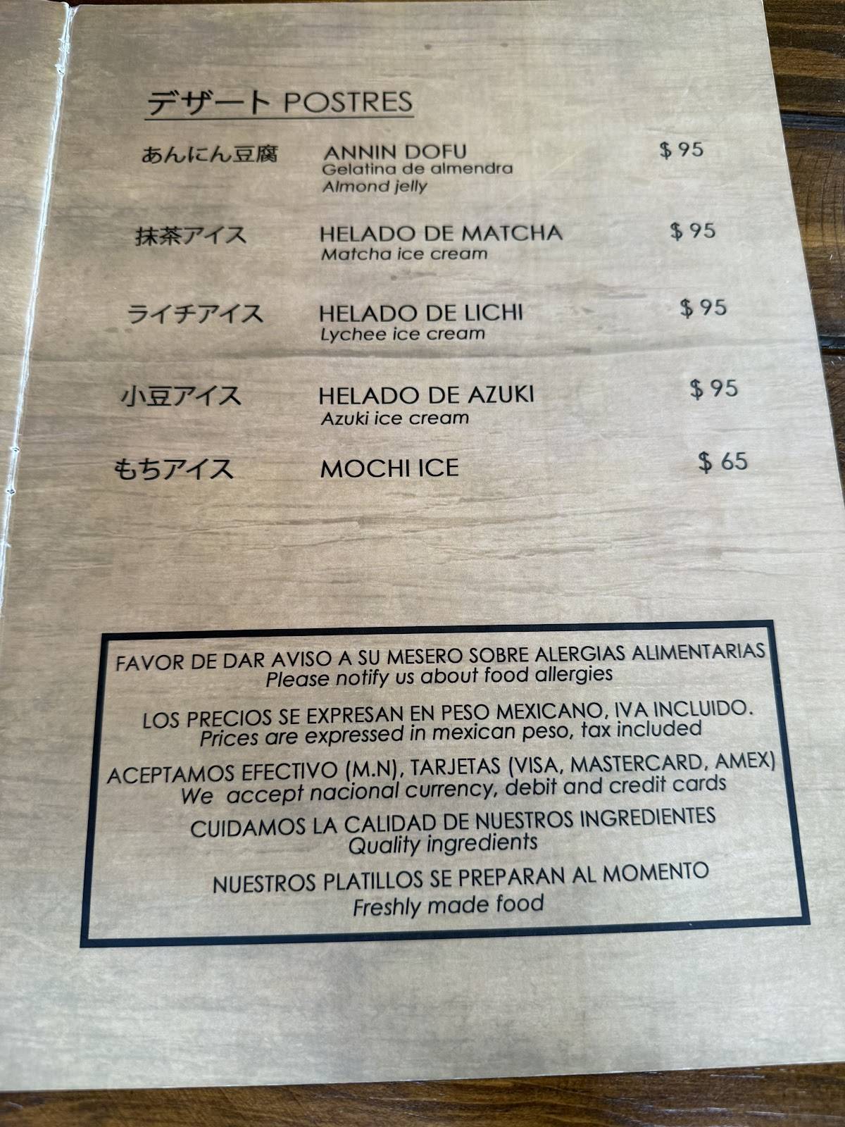 Menu at Mukyu Ramen restaurant, Mexico City