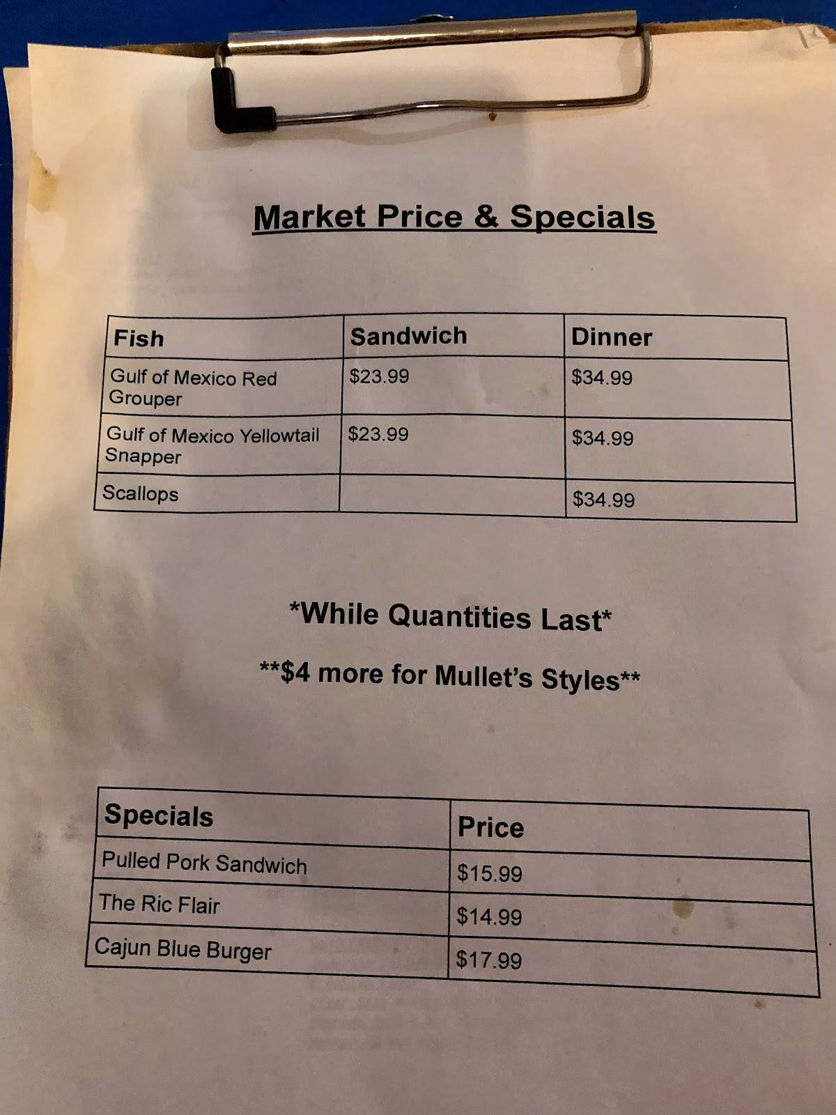 Menu at Mullet's Fish Camp restaurant, Saint Petersburg