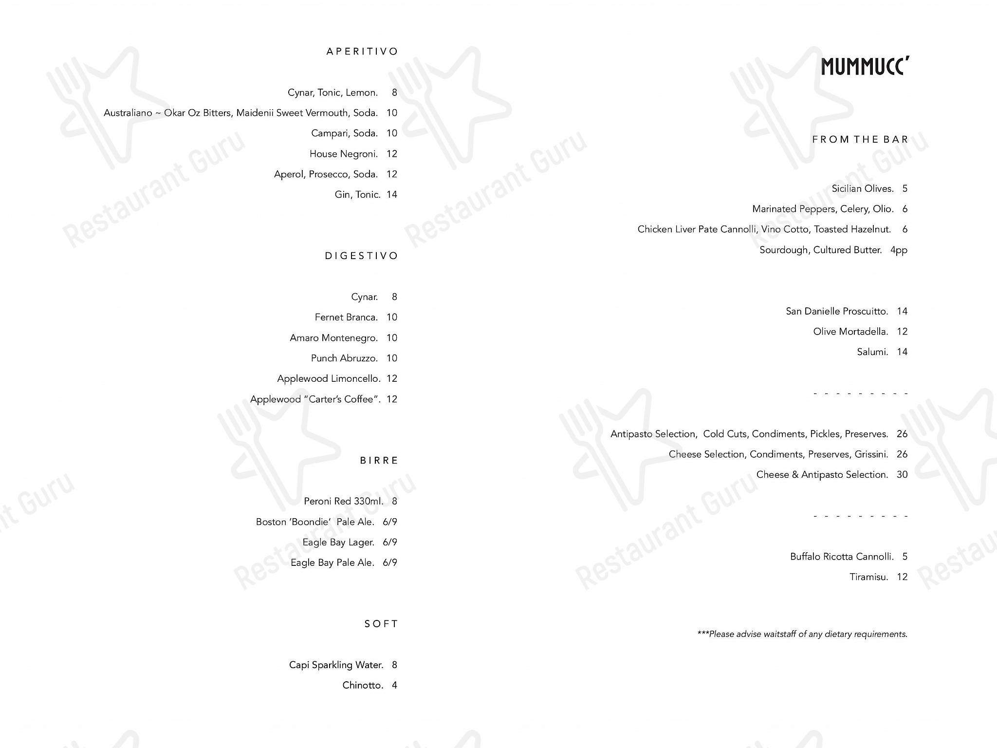 Menu at MUMMUCC' pub & bar, Wembley