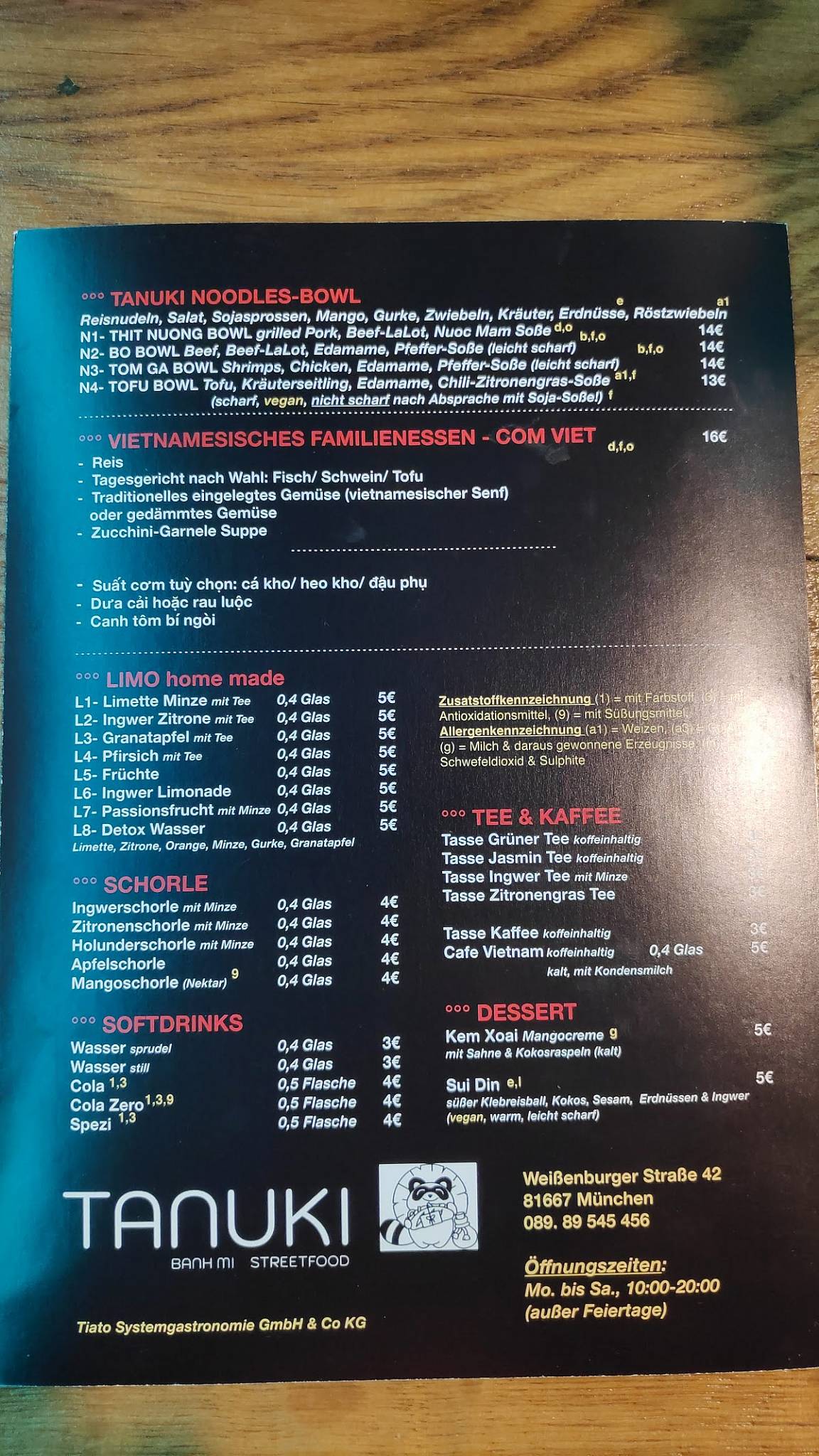 Menu at Tanuki restaurant, Munich
