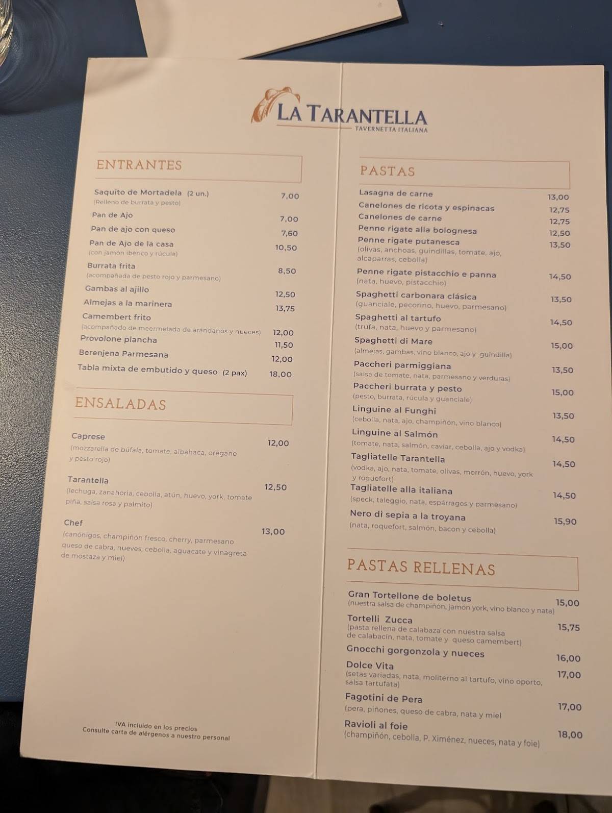 Carta del restaurante La Tarantella, Murcia, C. Madre Elisea Oliver Molina
