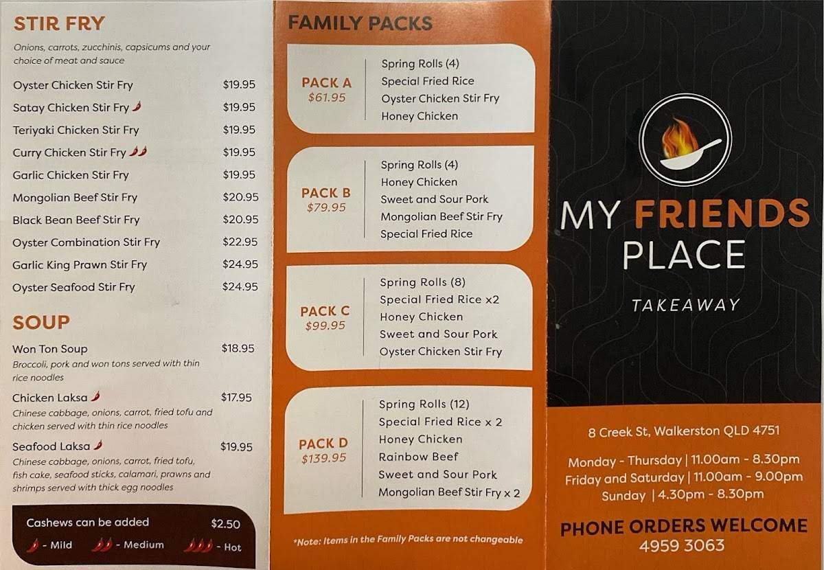 Menu at My Friend’s Place restaurant, Walkerston