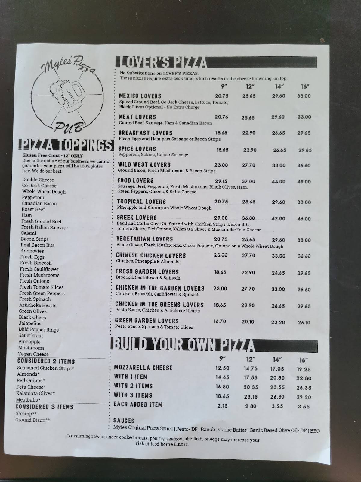 Menu at Myles Pizza Pub, Greenville