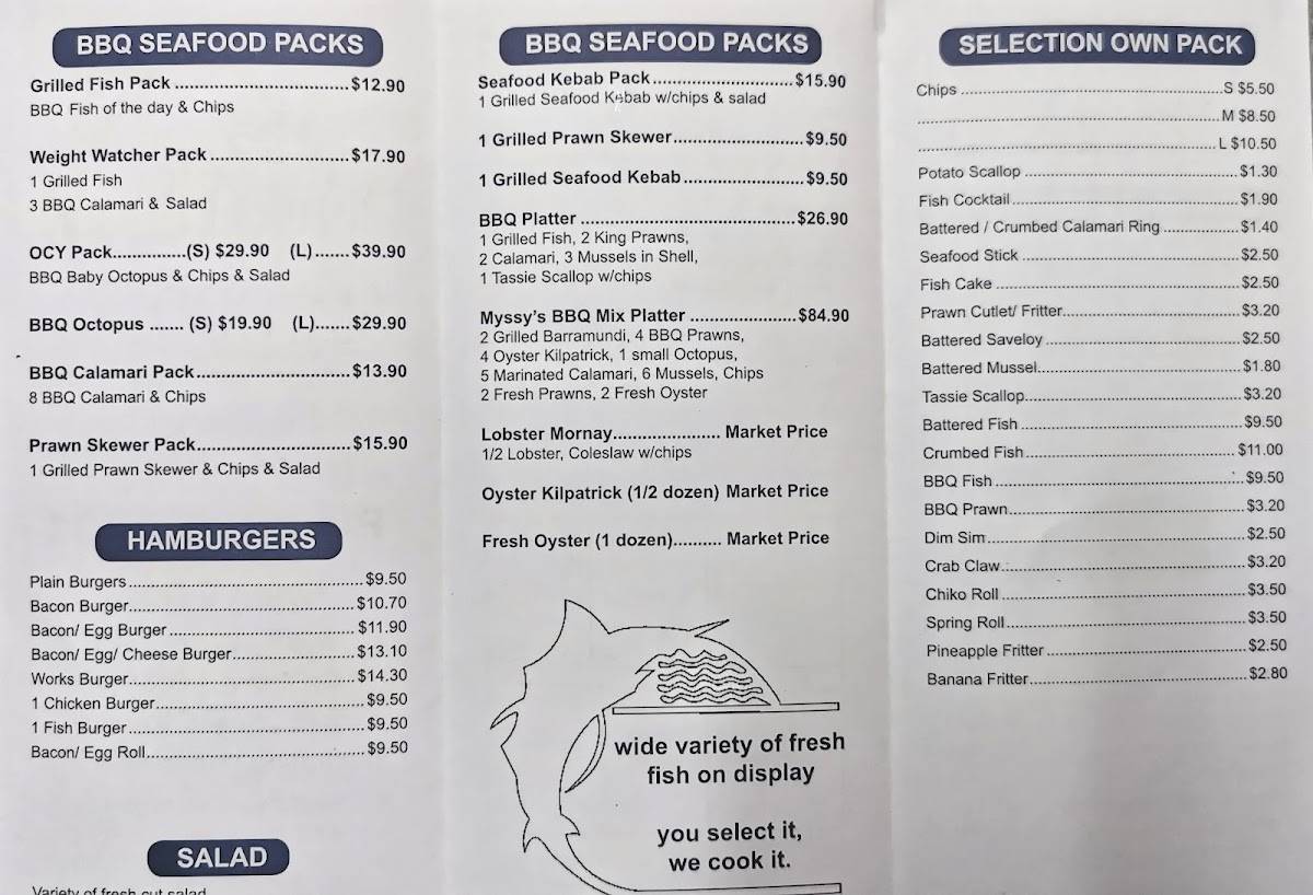 Menu at Myssy's Fresh & Cooked Seafood restaurant, Strathfield