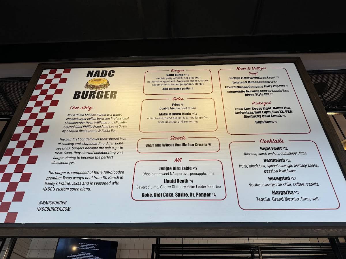 Menu at NADC Burger fast food, Austin, E 6th St