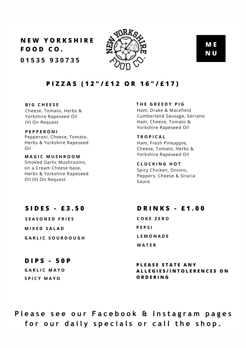Menu at NEW YORKSHIRE FOOD CO. pizzeria, Cross Hills