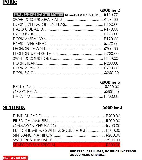 Menu at NG Wanam Food House restaurant, Batangas