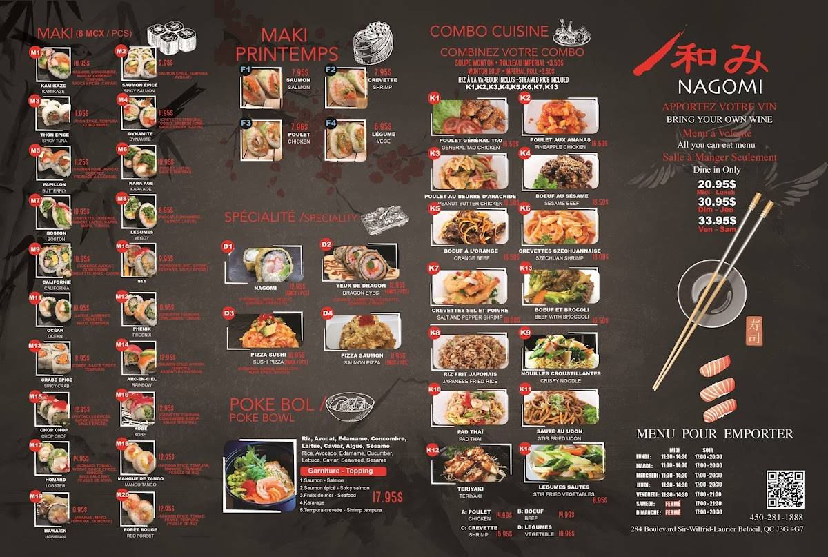 Menu au Nagomi restaurant, Beloeil