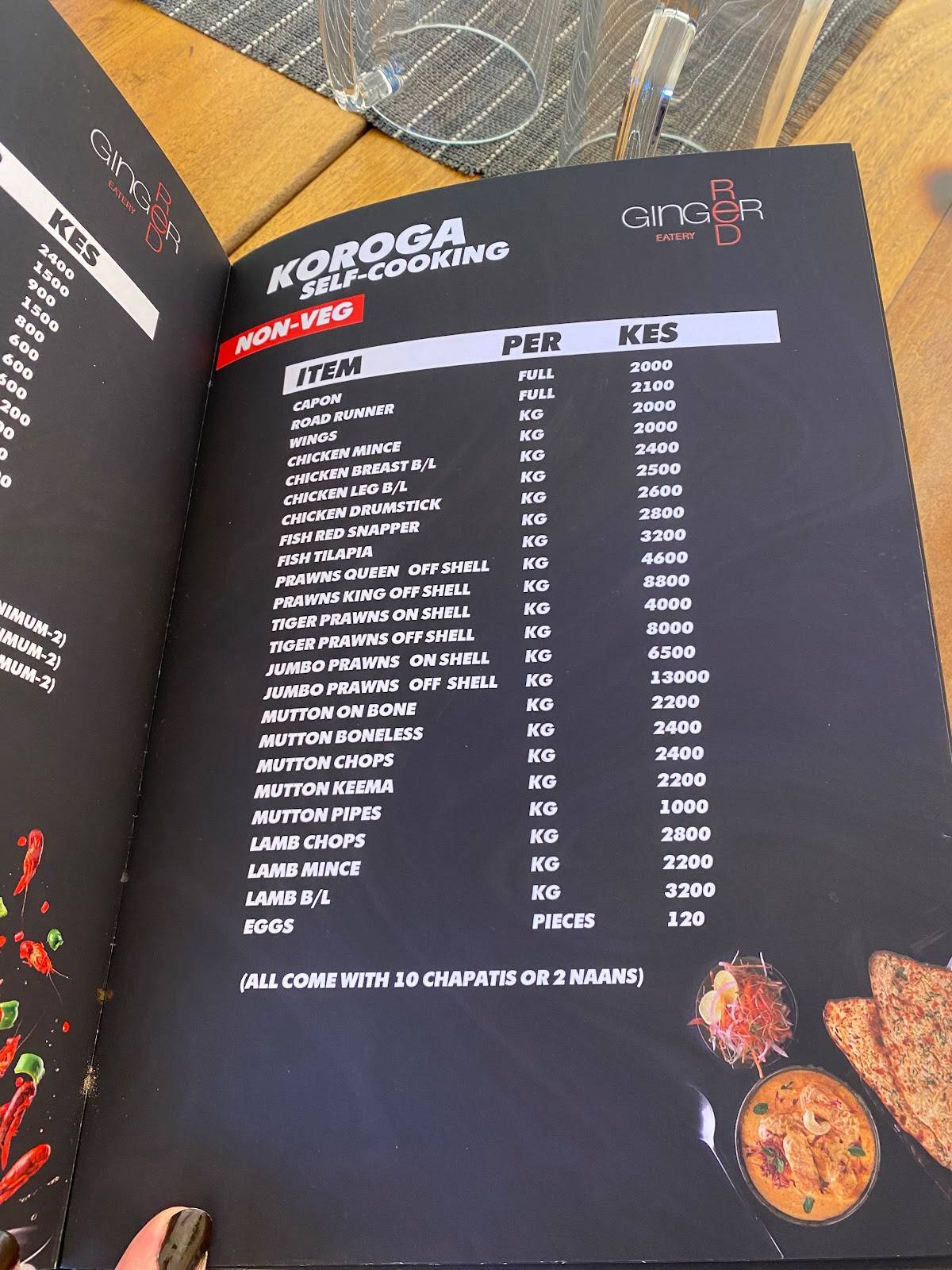 Menu at Red Ginger restaurant, Nairobi