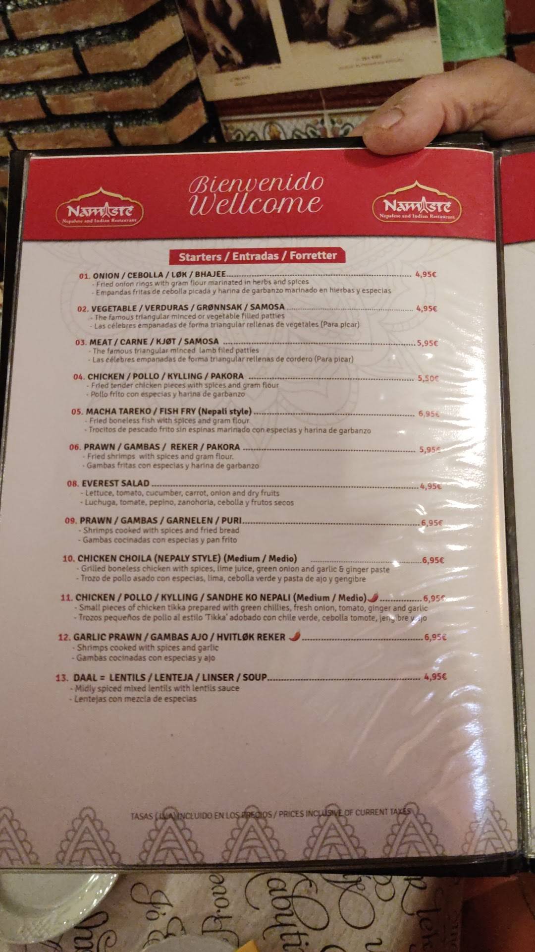 Menu at Namaste Nepalese-Indian Restaurant, Nerja