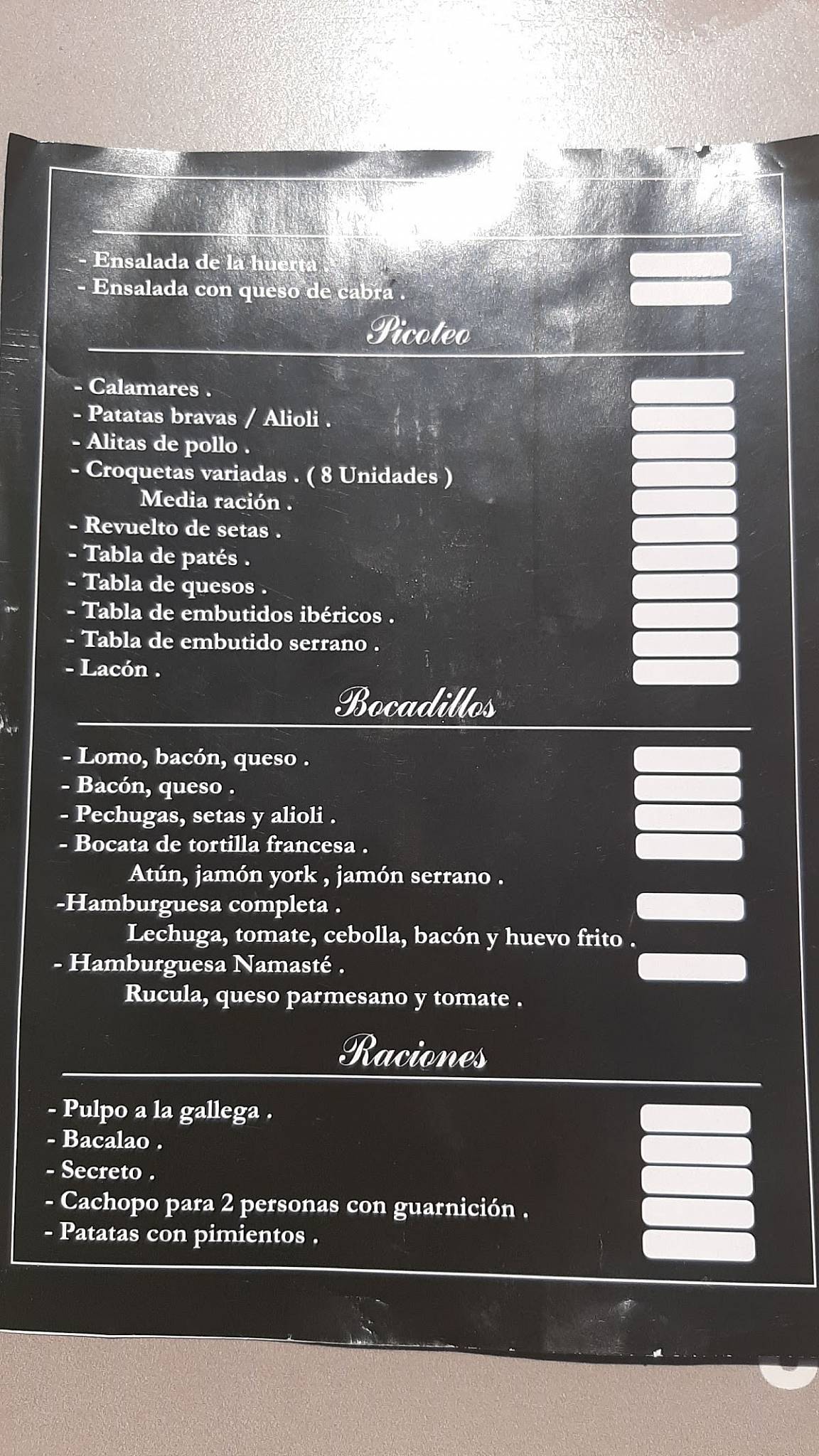 Carta de Namaste Lounge Bar, Logroño