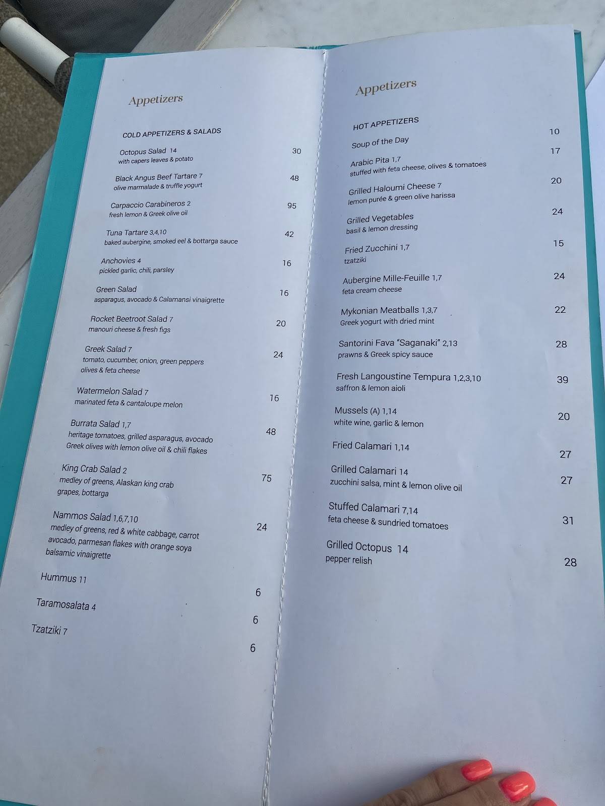 Menu at Nammos, Agios Tychon