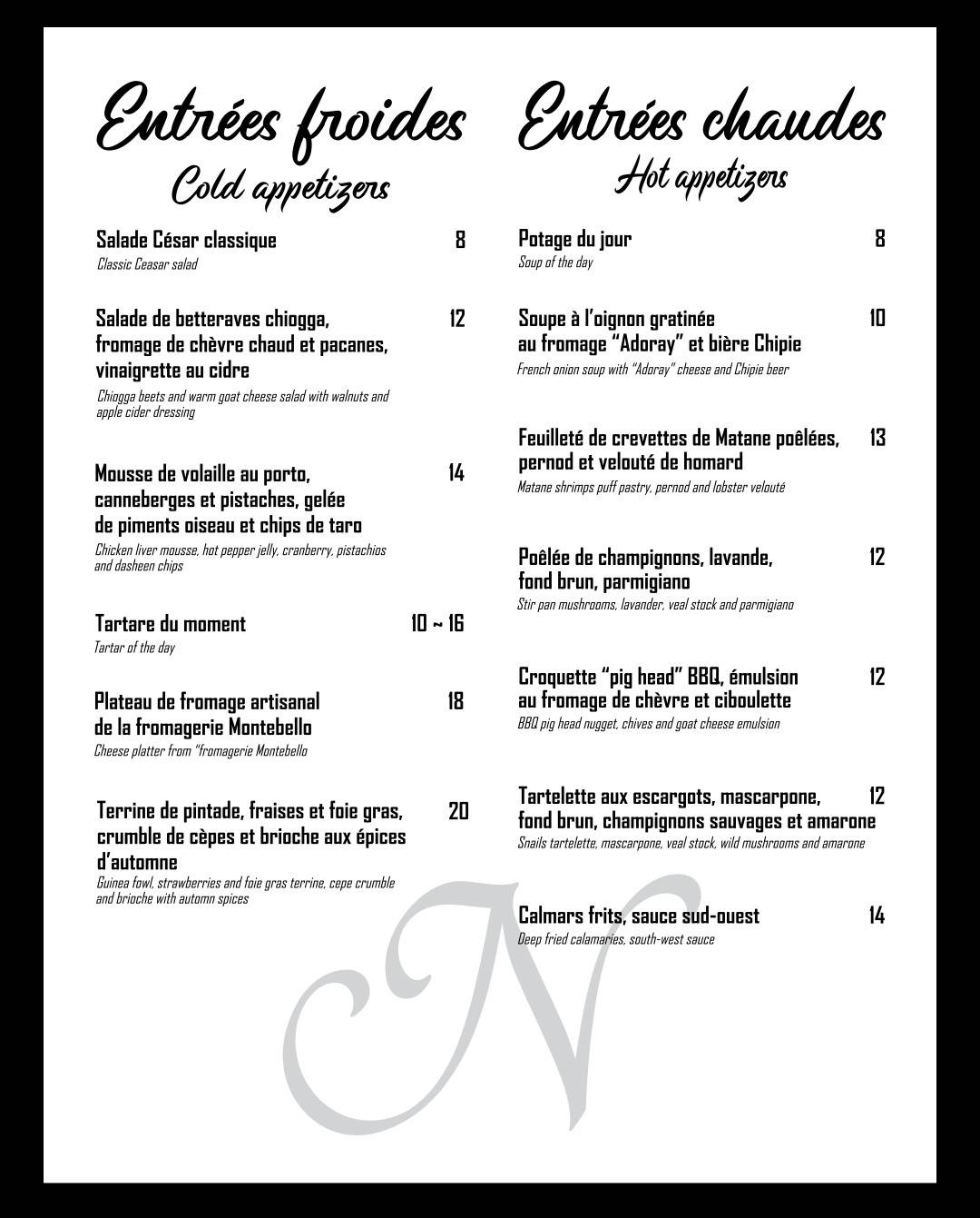 Menu au Restaurant Le Napoléon, Montebello
