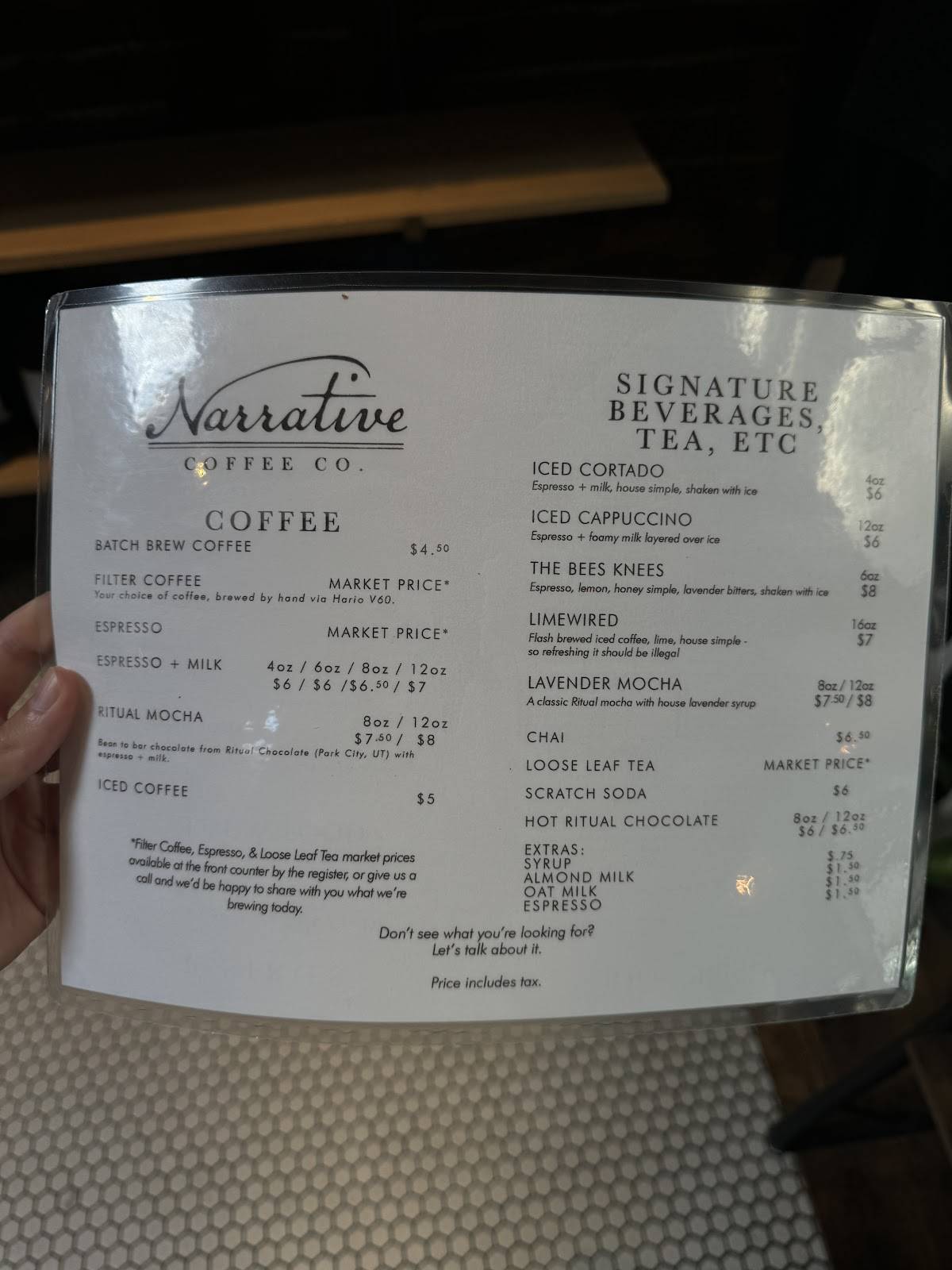 Menu at Narrative Coffee cafe, Everett