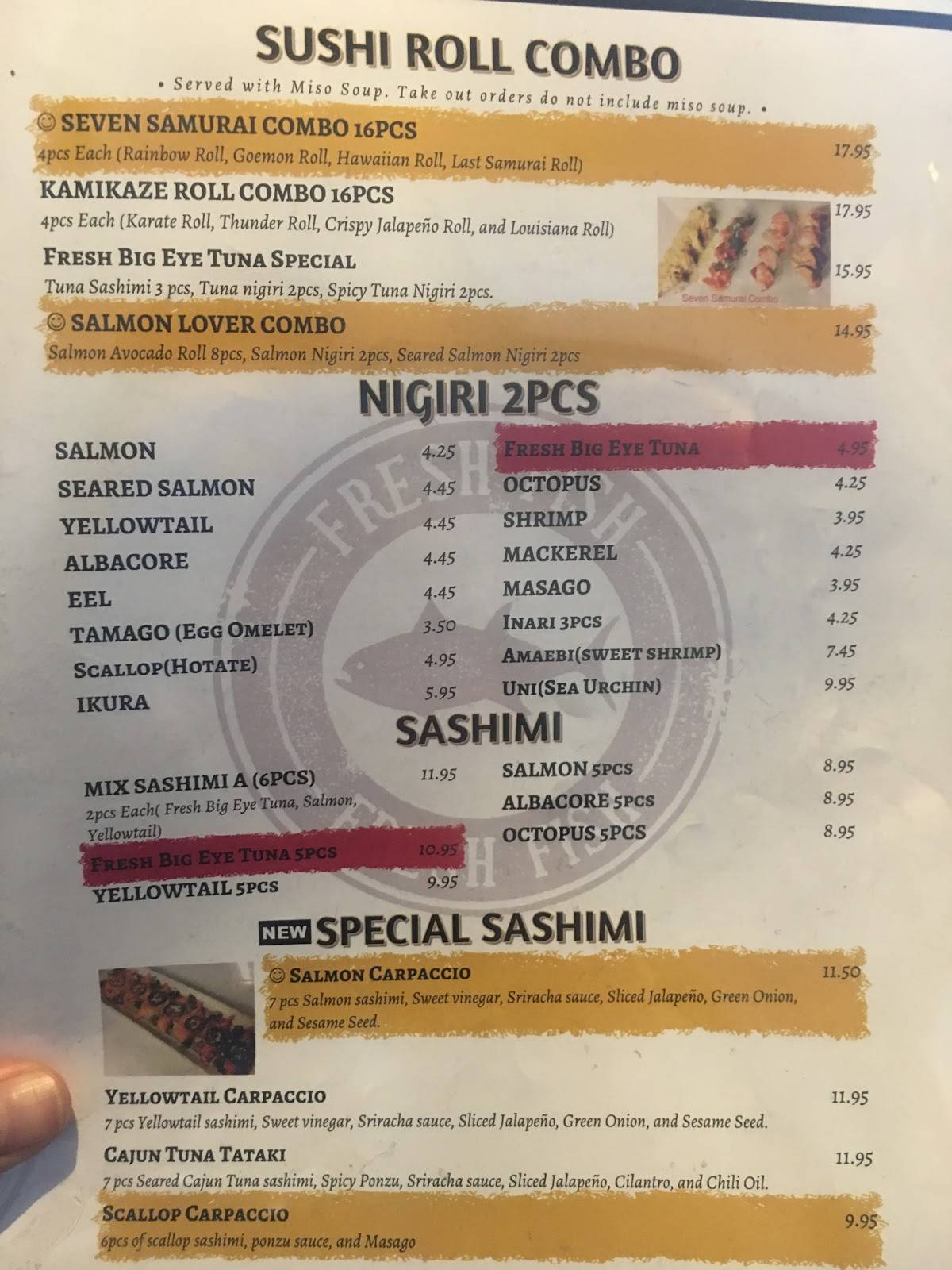 Menu at Narumi Sushi restaurant, La Mesa