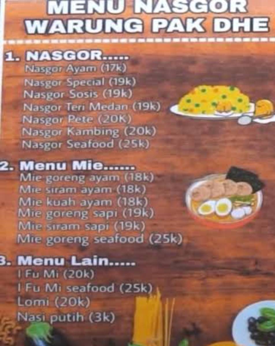 Menu at Nasi Goreng Warung Pak Dhe restaurant, South Jakarta