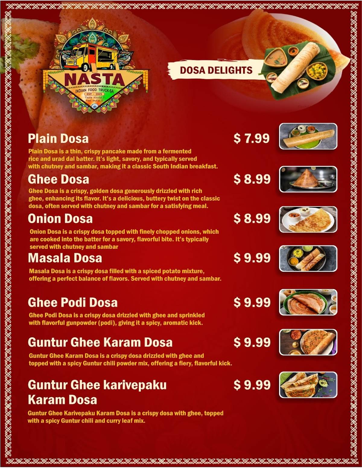 Menu at Nasta The Indian food truck restaurant, San Antonio