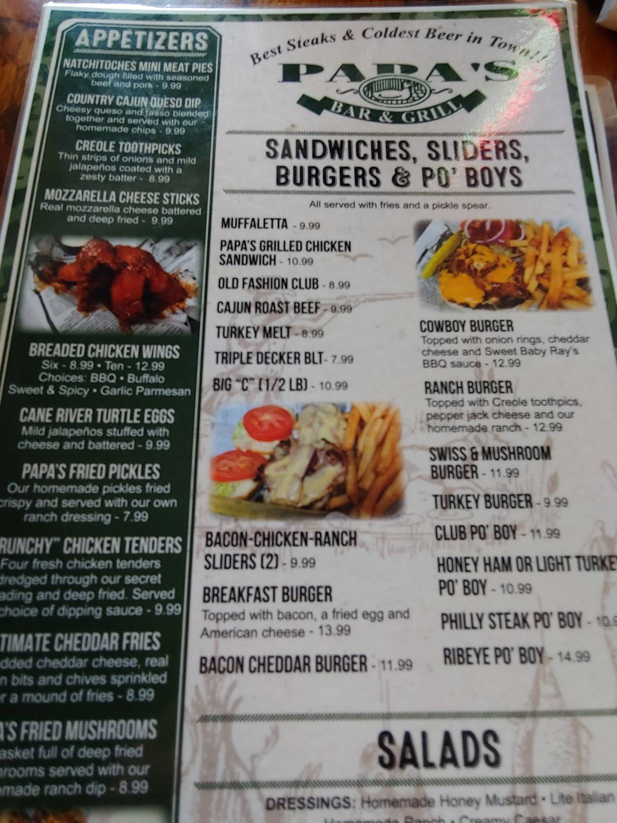 Menu at Papa's Bar & Grill, Natchitoches