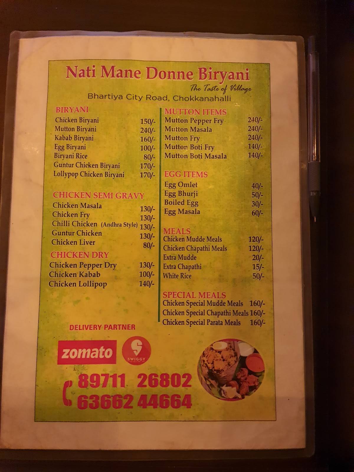 Menu at Nati Mane Donne Biryani, Bengaluru