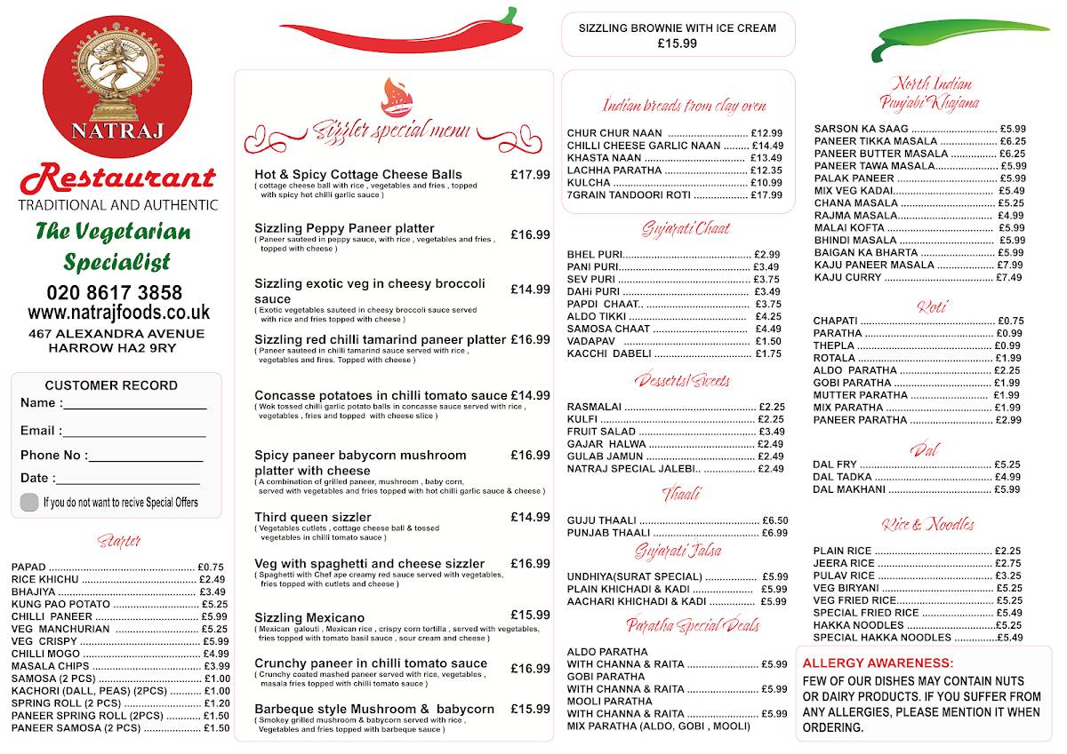 Menu at Natraj Restaurant, Harrow, 467 Alexandra Ave