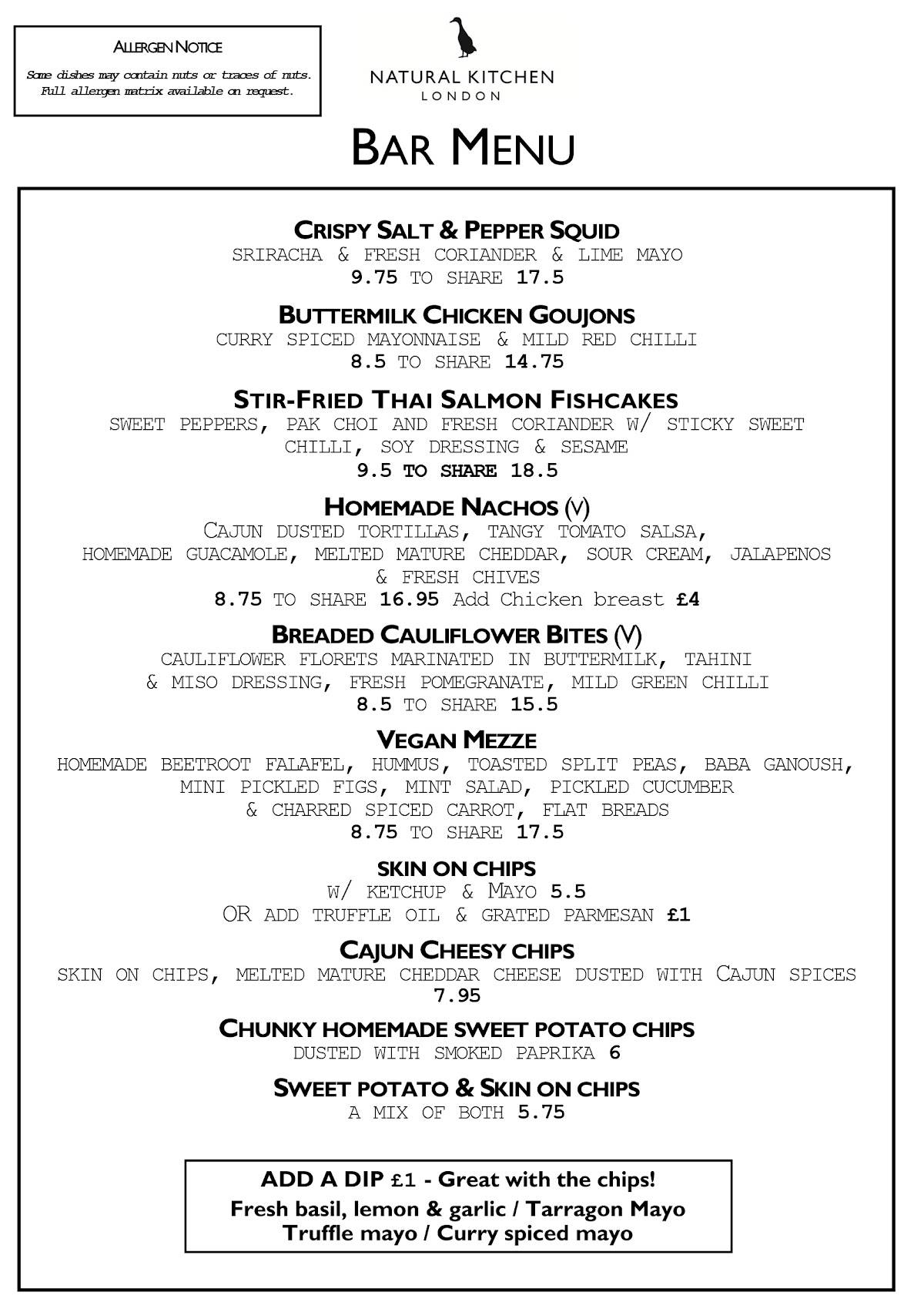 Menu at Natural Kitchen restaurant, London, 15-17 Nevill Ln