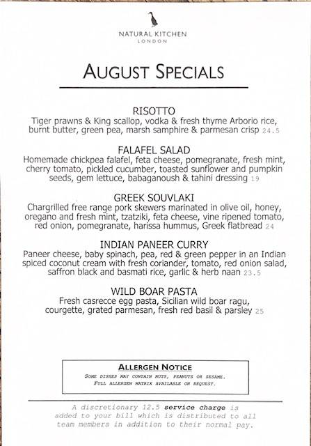 Menu at Natural Kitchen restaurant, London, 15-17 Nevill Ln
