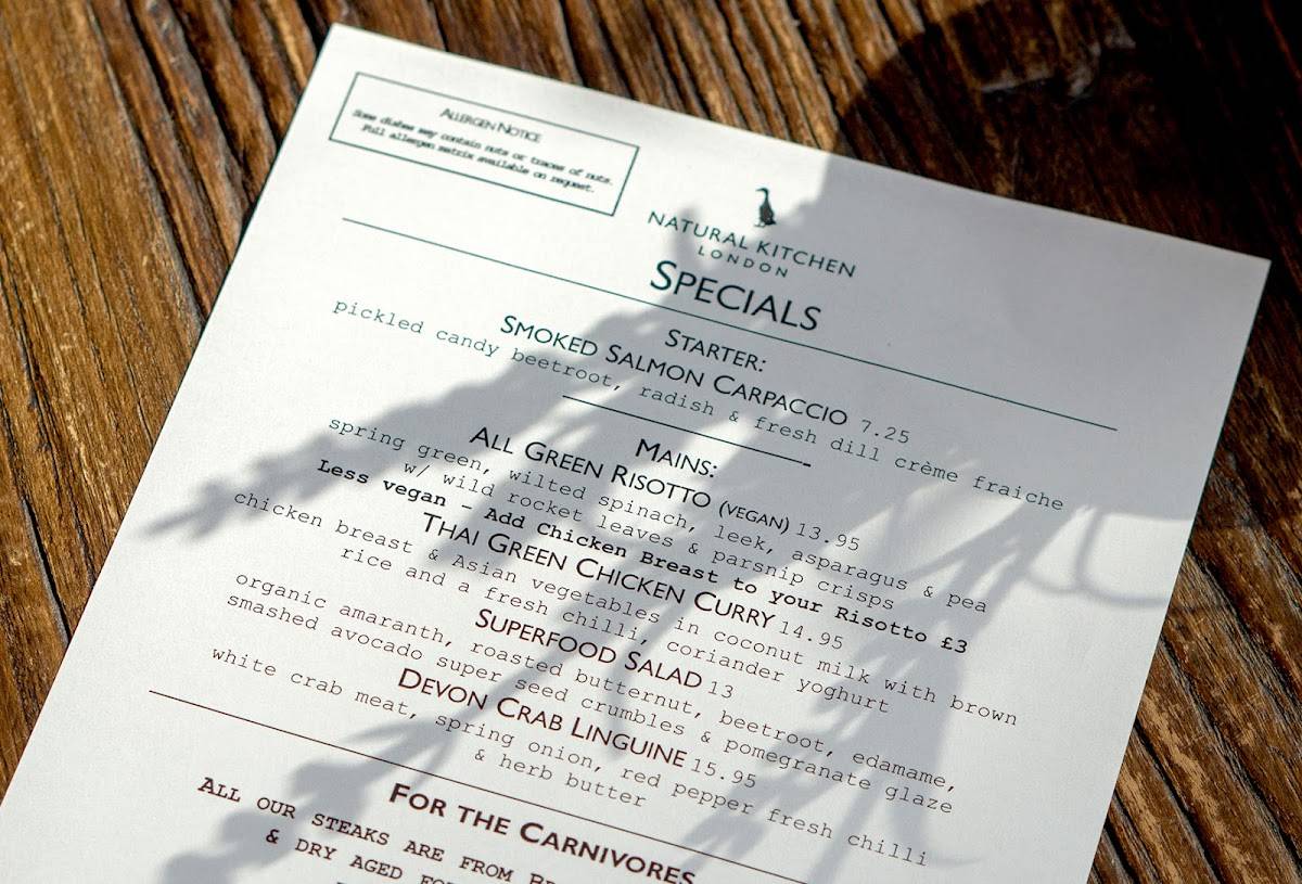Menu at Natural Kitchen restaurant, London, 15-17 Nevill Ln