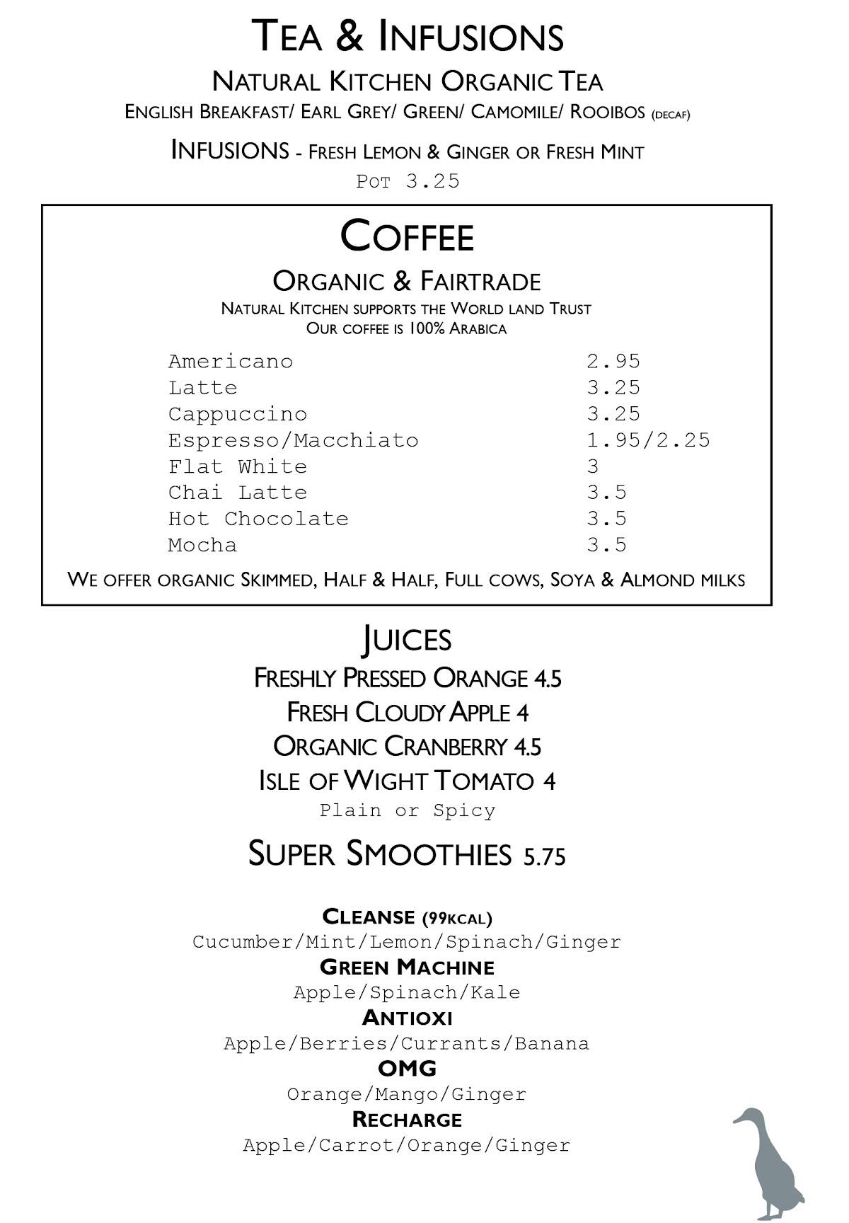 Menu at Natural Kitchen restaurant, London, 15-17 Nevill Ln