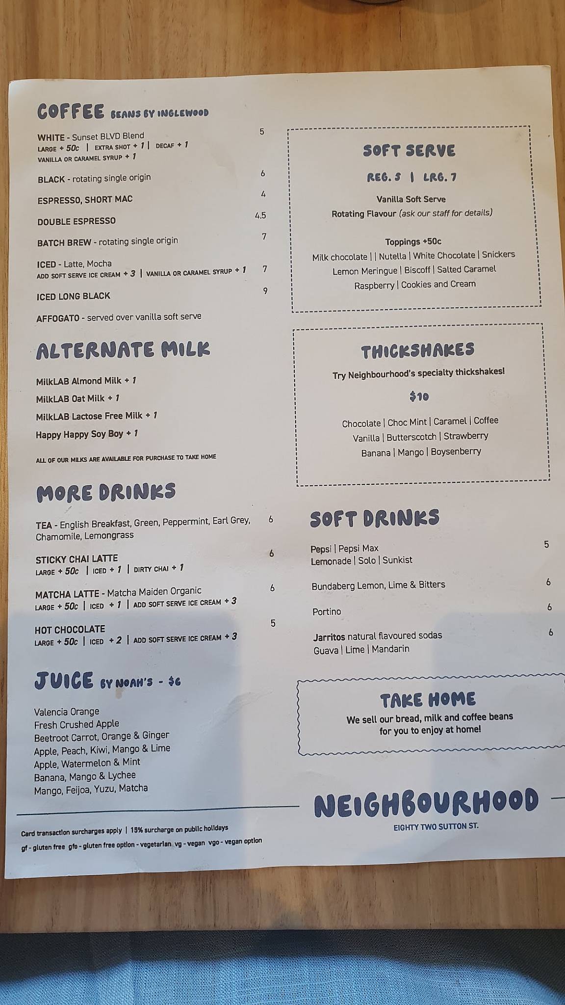 Menu at Neighbourhood Cafe, Warragul