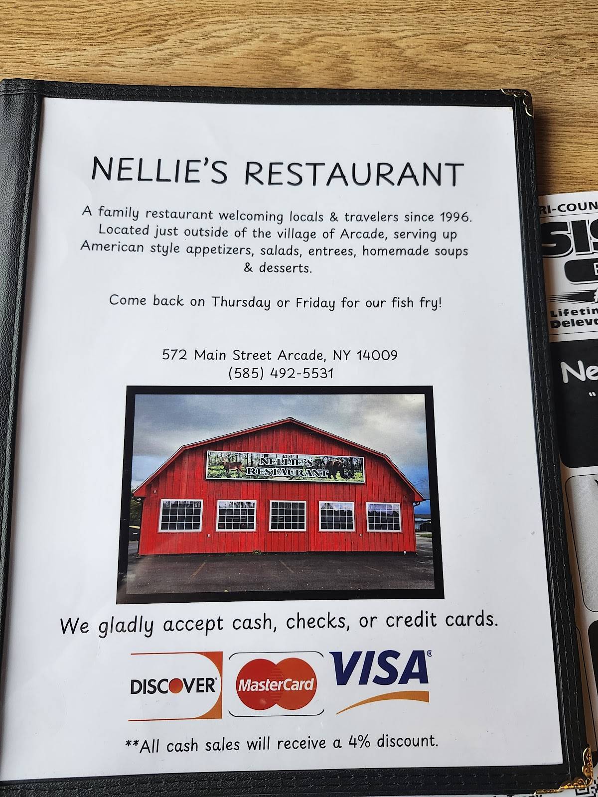 Menu at Nellie's restaurant, Arcade