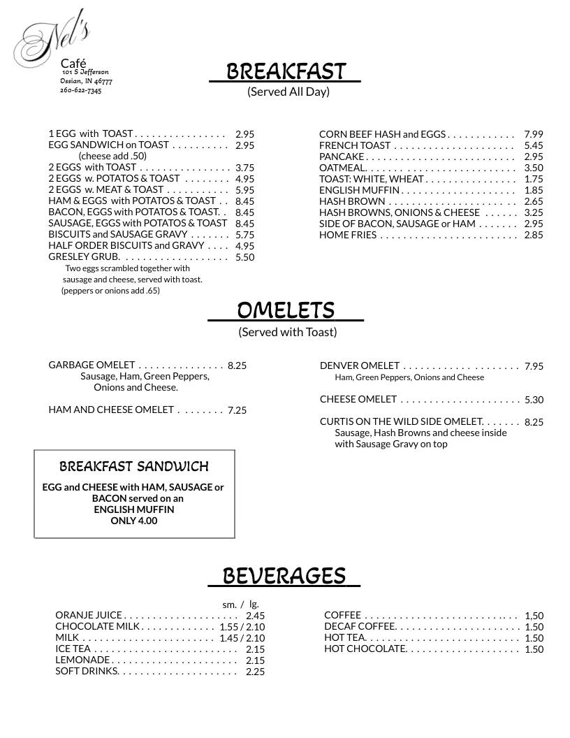 Menu at Nel's Cafe, Ossian